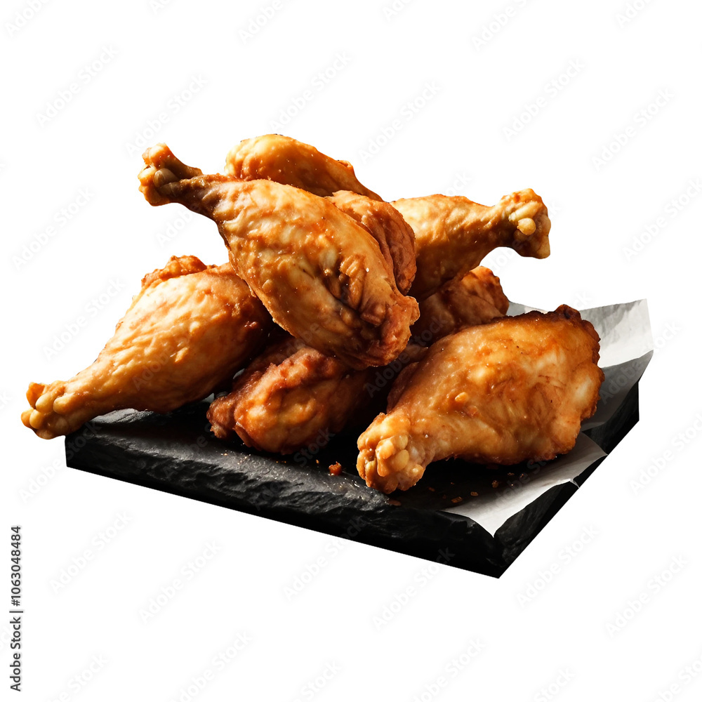 Pile of fried spicy chicken legs in golden crispy crust lies on black ...