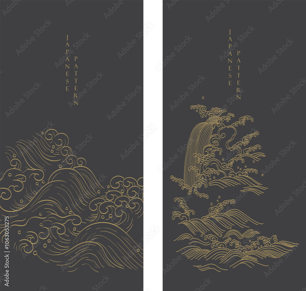 Abstract landscape with Japanese wave pattern vector. Nature art ...