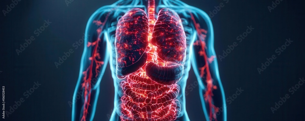 3D rendering of the digestive system with highlighted areas of ...