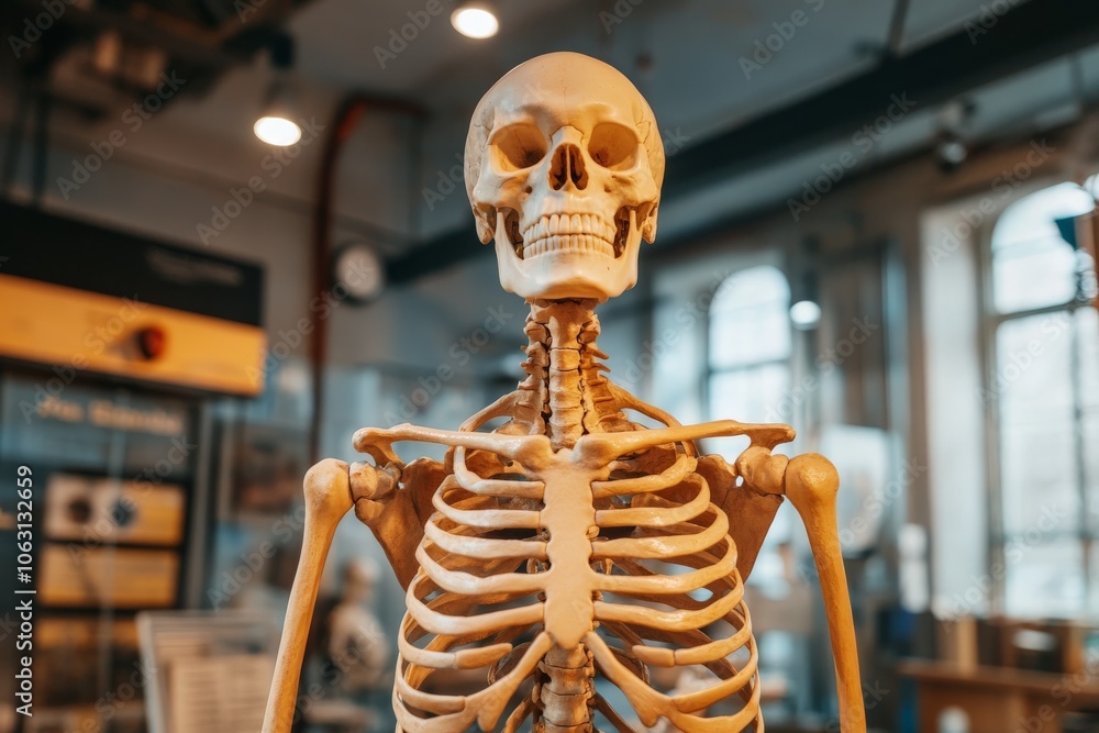 An upright human skeleton is featured in a well-lit museum display ...