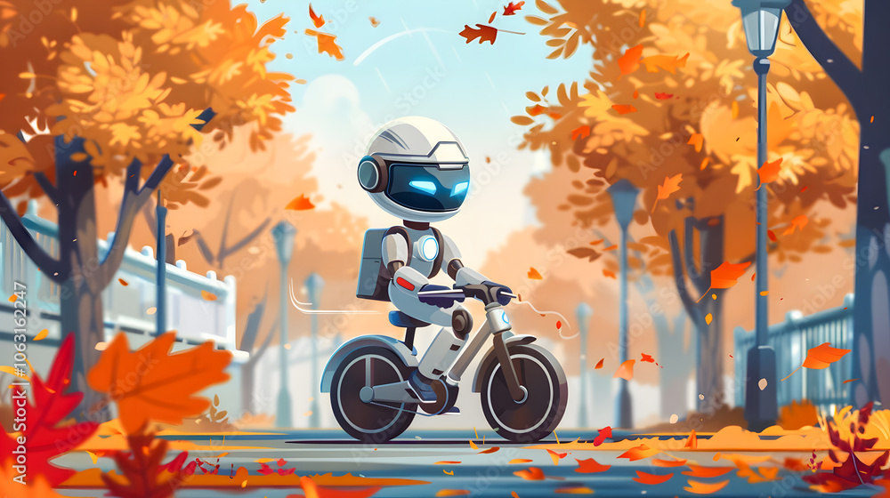 Happy humanoid robot rides a bicycle along the autumn alley. Robotic ...