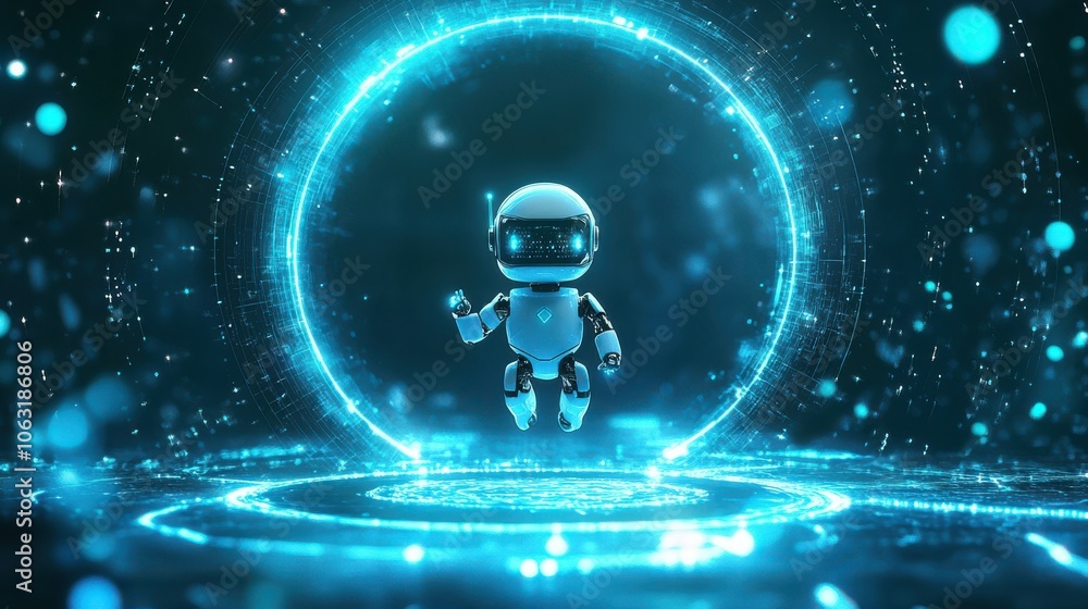 3D abstract digital AI robot floating above a light blue neon portal ...