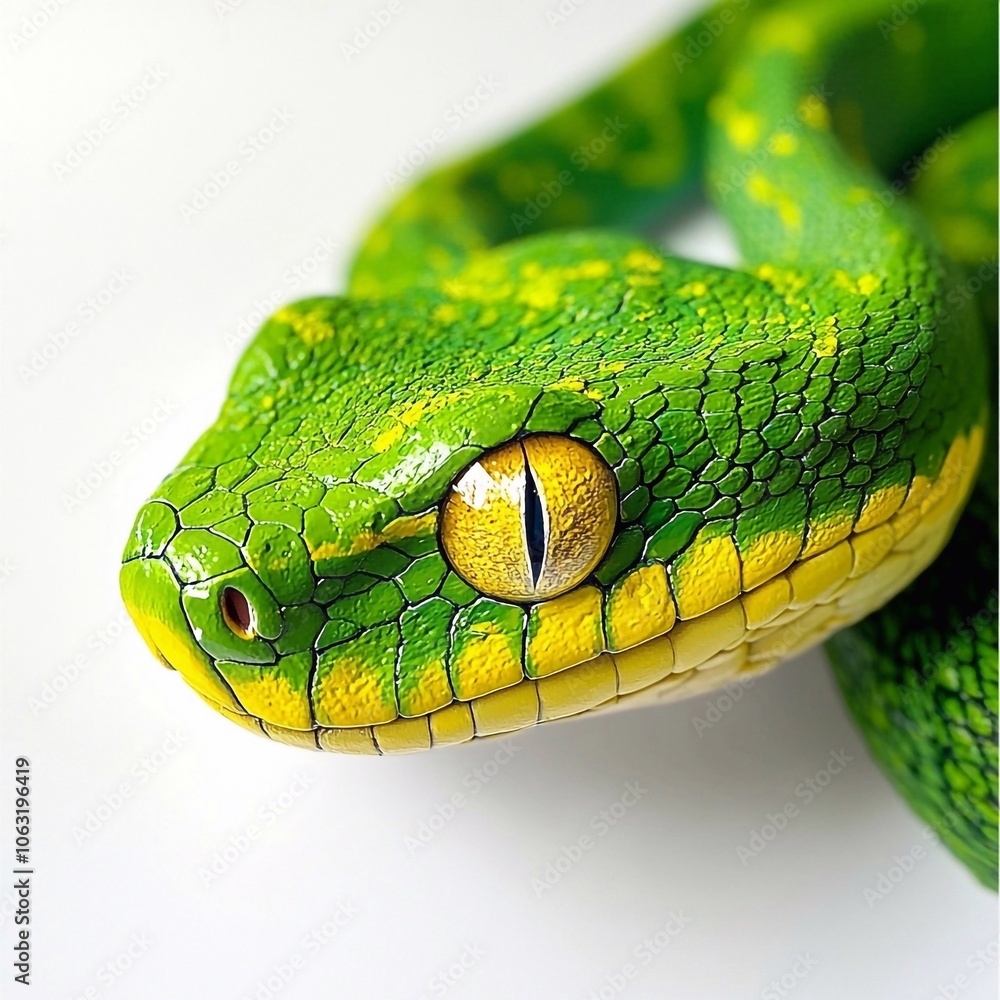 Green snake on white background, scales green and yellow, yellow eyes ...