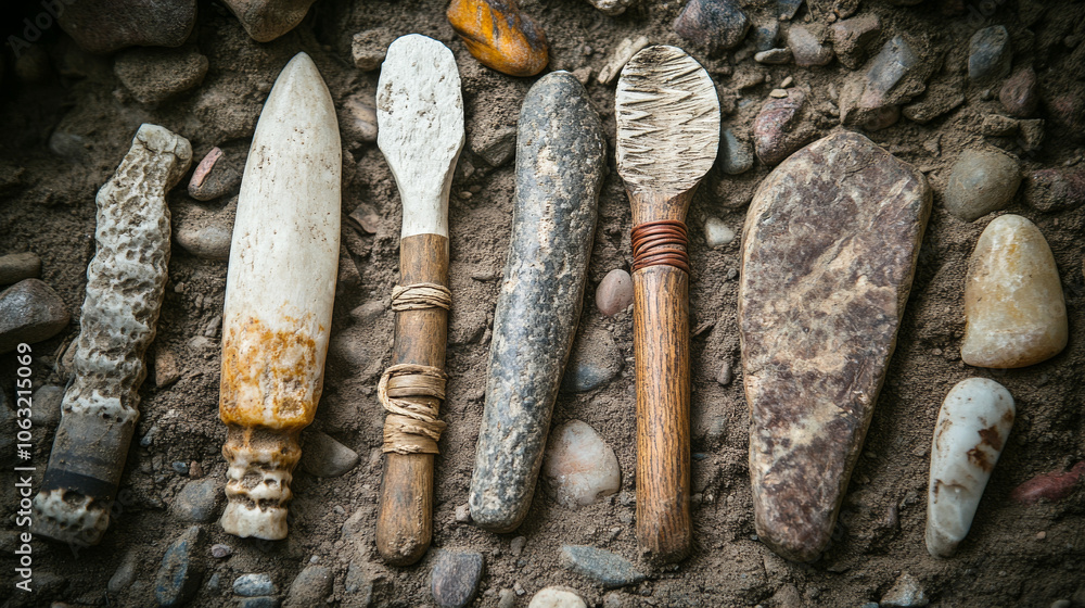 Collection of primitive stone and bone tools displayed on dirt ...