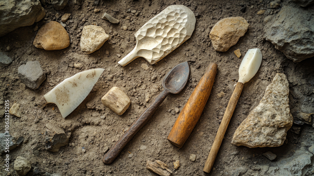 Collection of primitive stone and bone tools displayed on dirt ...
