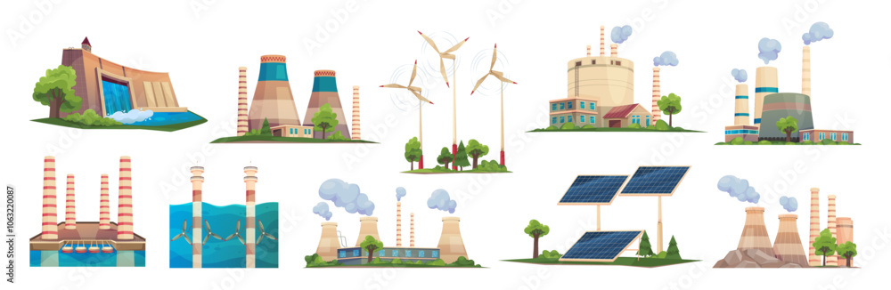 Electricity generation source types. Vector isolated set of solar and ...