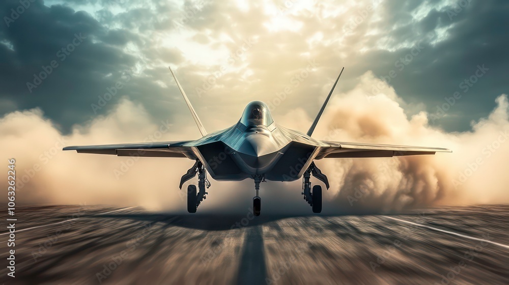 Combat military fighter rapidly takes off at high speed from the runway ...