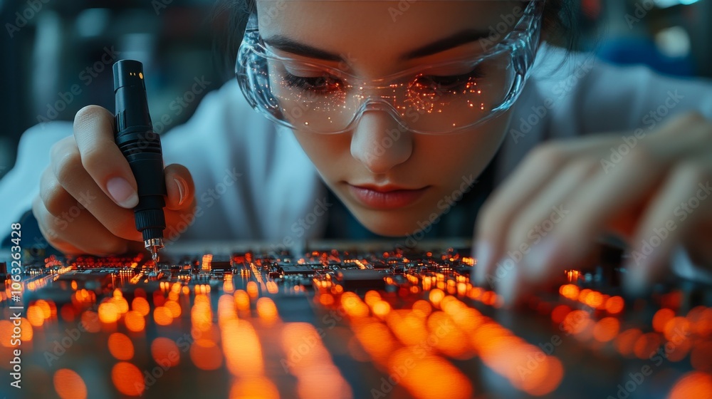 Female engineer using artificial intelligence to design micro ...