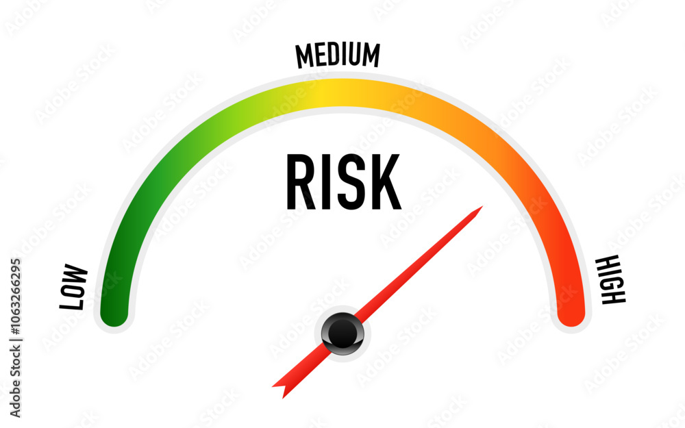 Risk icon on the speedometer. High risk meter. 3D meter with arrow for ...