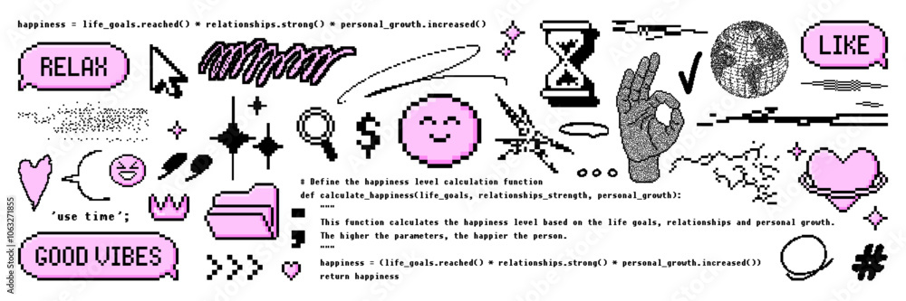 Graphic pixel shape asset pack. Trendy bitmap geometric element and ...