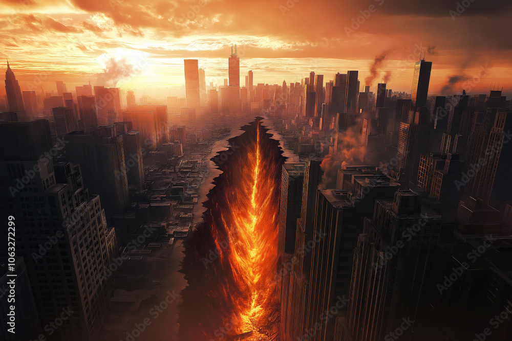 A catastrophic scene of a crack in the earth's crust running through a ...