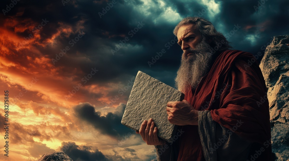 Moses Holding the Stone Tablets on Mount Sinai with Dramatic Sky ...