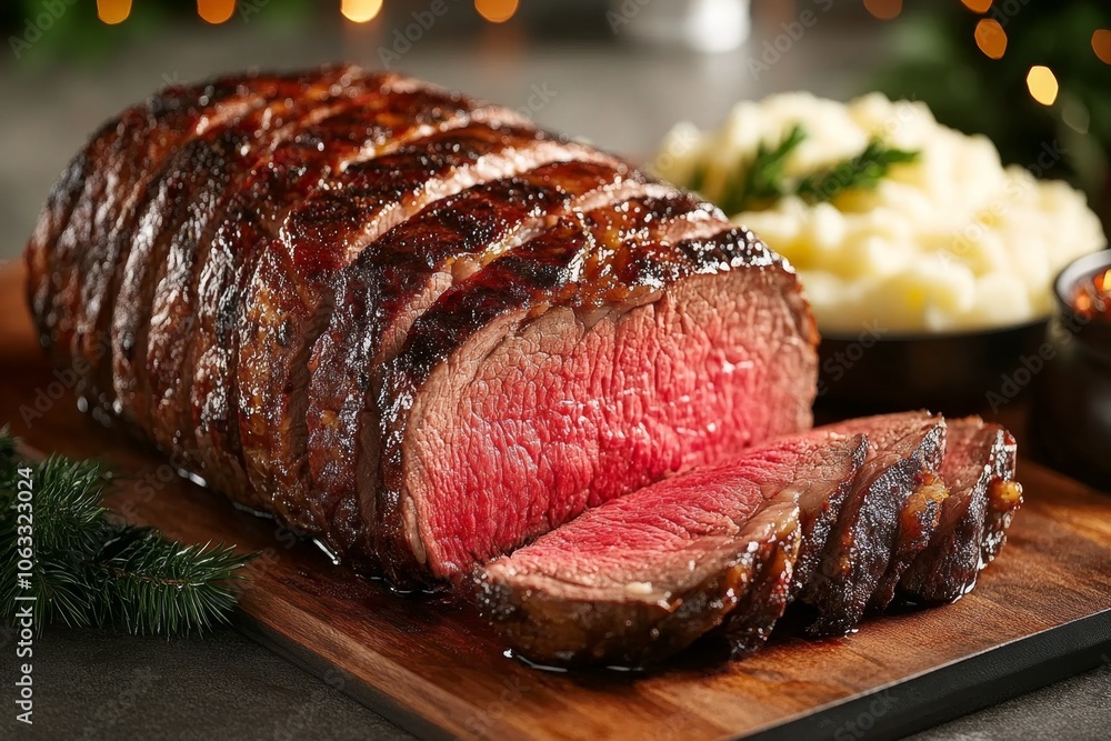 A juicy roasted prime rib on a dining table, sliced to reveal the pink ...