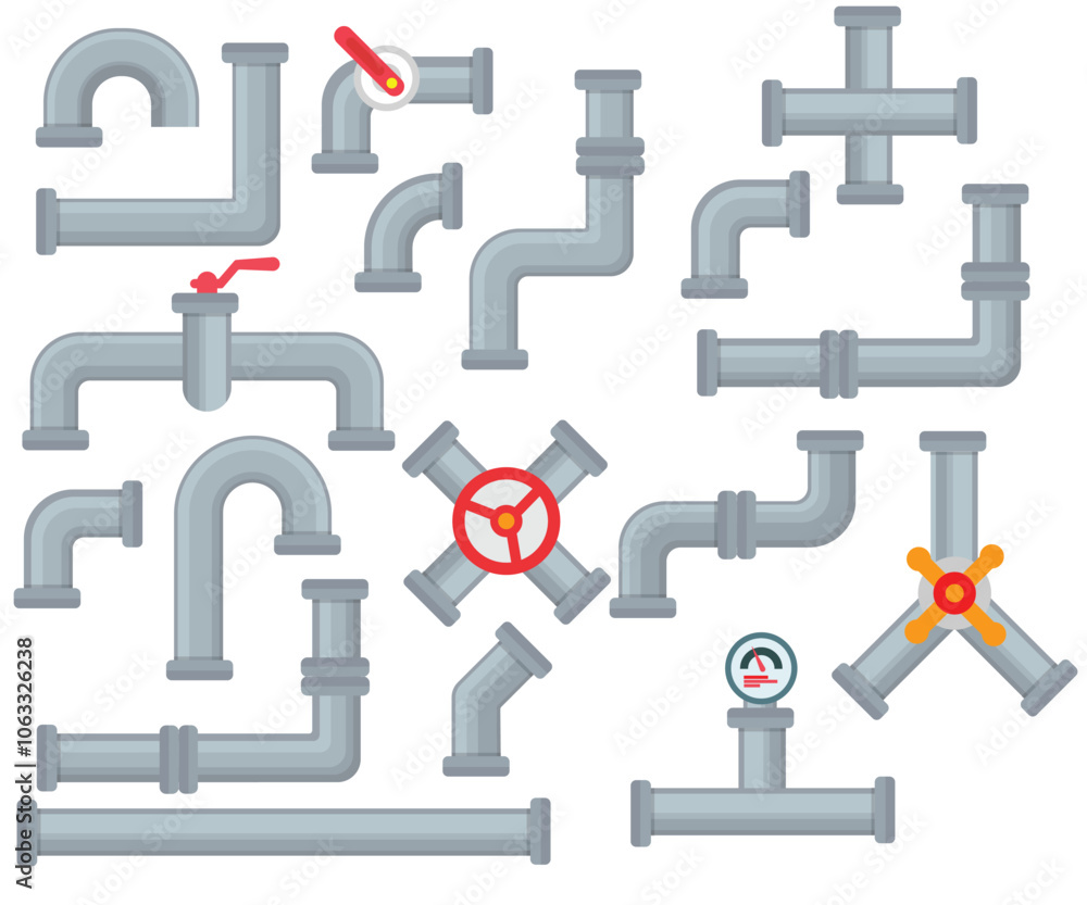 Flat industrial pipes collection with plumbing pipeline parts of ...