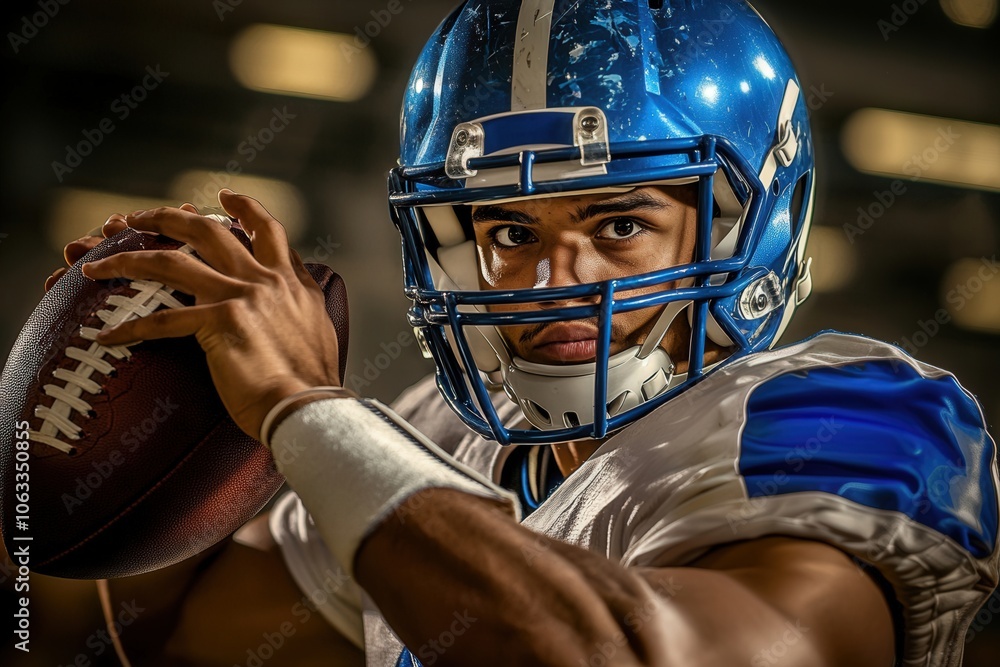 Determined american football player wearing blue helmet and uniform ...