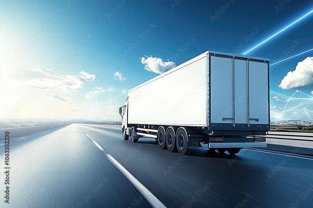 White delivery truck driving on a clean smooth road with network ...