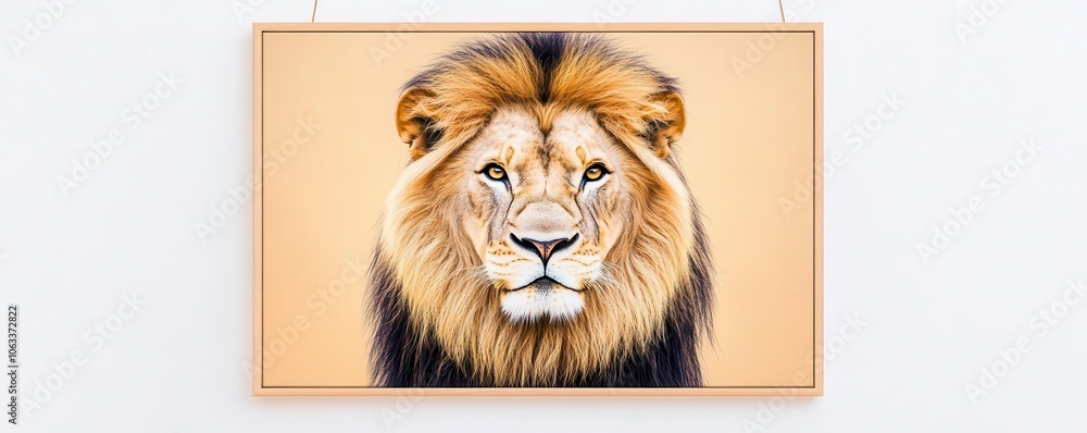Hyper-realistic lion portrait on a hanging canvas, close-up, high ...