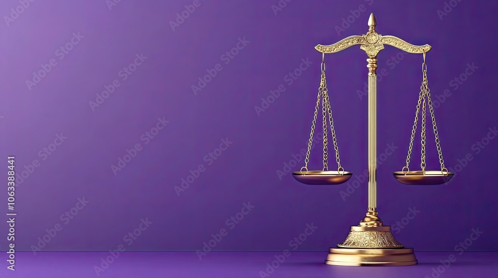 Classic gold scales of justice on a solid purple background ...