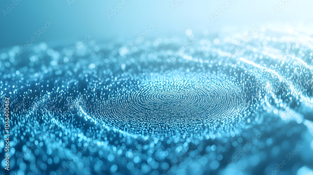 Cybersecurity concept showing digital fingerprint scan on light blue background, featuring ...