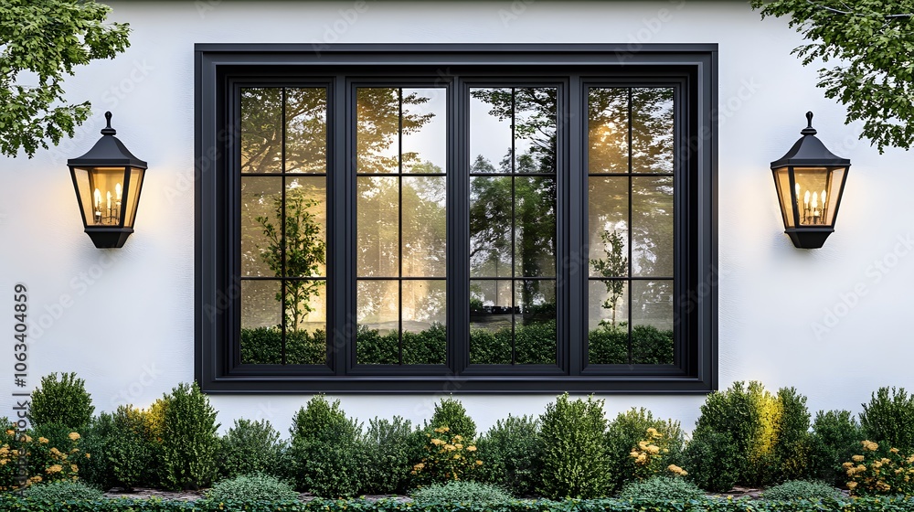 Modern black window frame on white exterior wall with triple-pane ...