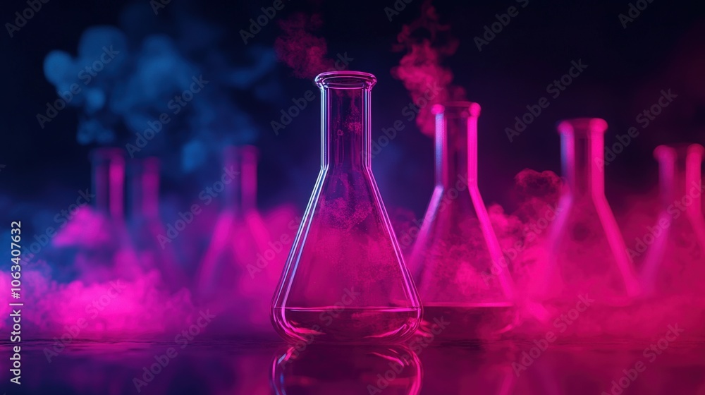 Colorful laboratory glassware illuminated in pink and blue smoke ...
