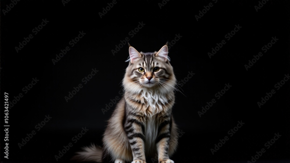 Grey and white Maine Coon cat on black, with its elegant features and ...