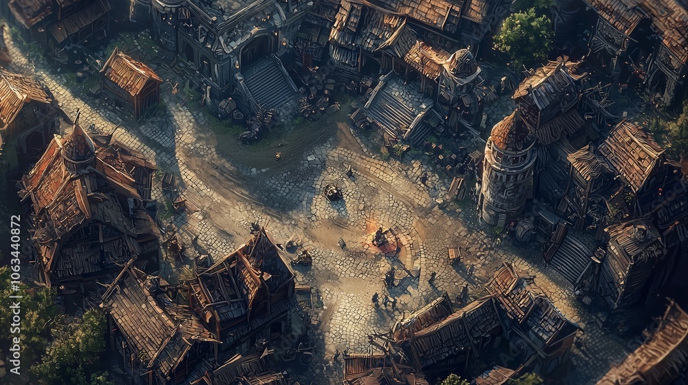 Fantasy village map with rustic buildings, cobblestone paths, and ...