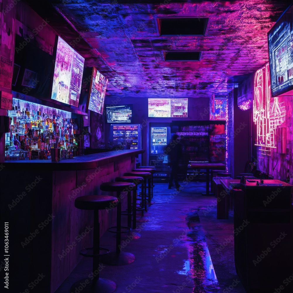 Step into a neon cyberpunk bar where digital decay meets glitchy ...