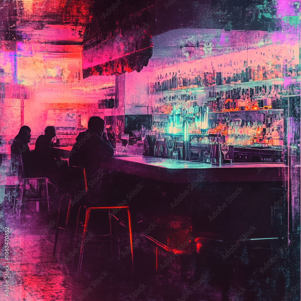 Step into a neon cyberpunk bar where digital decay meets glitchy ...