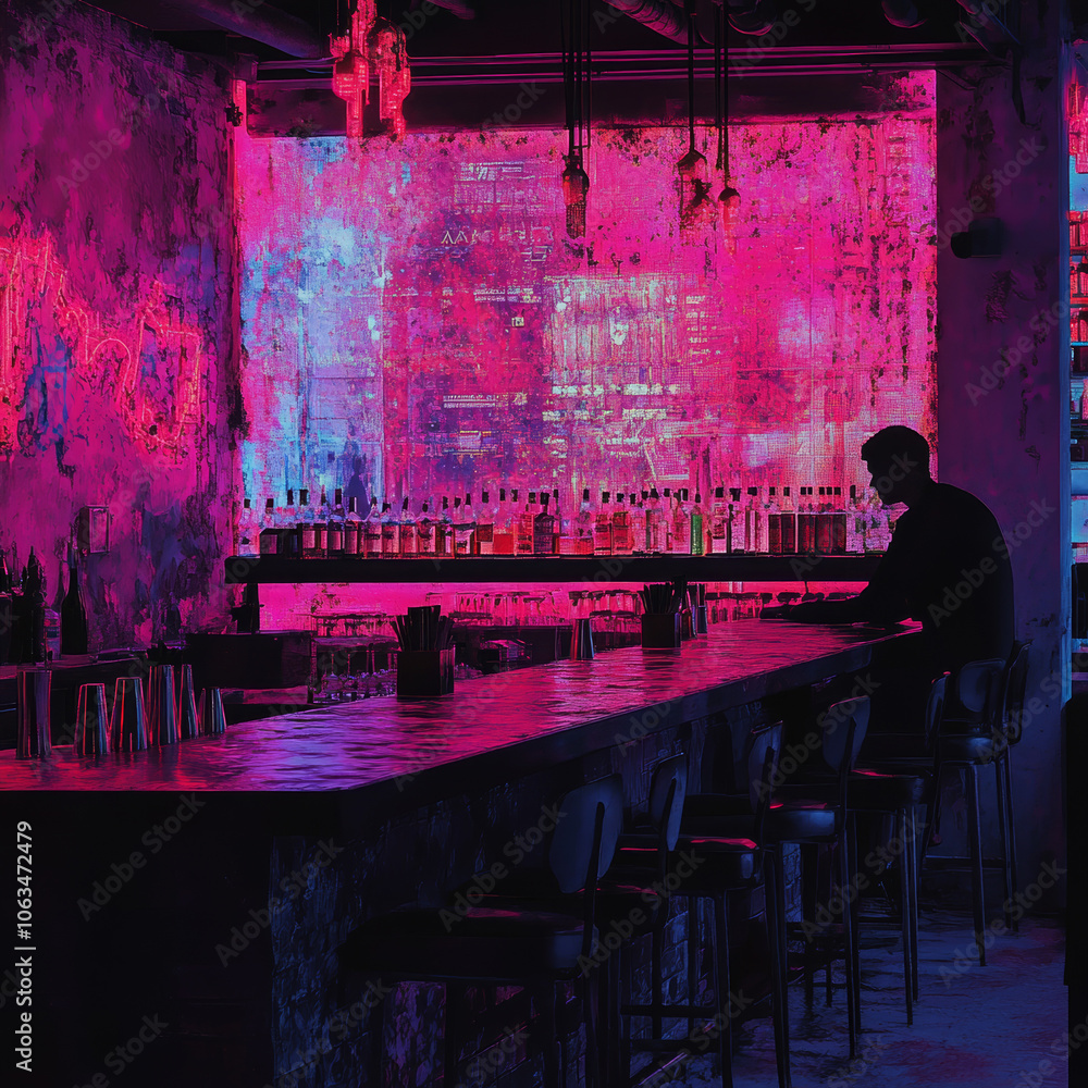 Step into a neon cyberpunk bar where digital decay meets glitchy ...