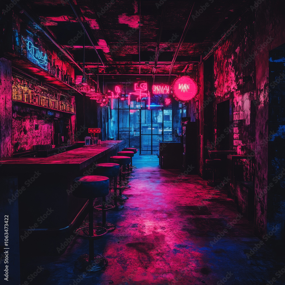 Step into a neon cyberpunk bar where digital decay meets glitchy ...