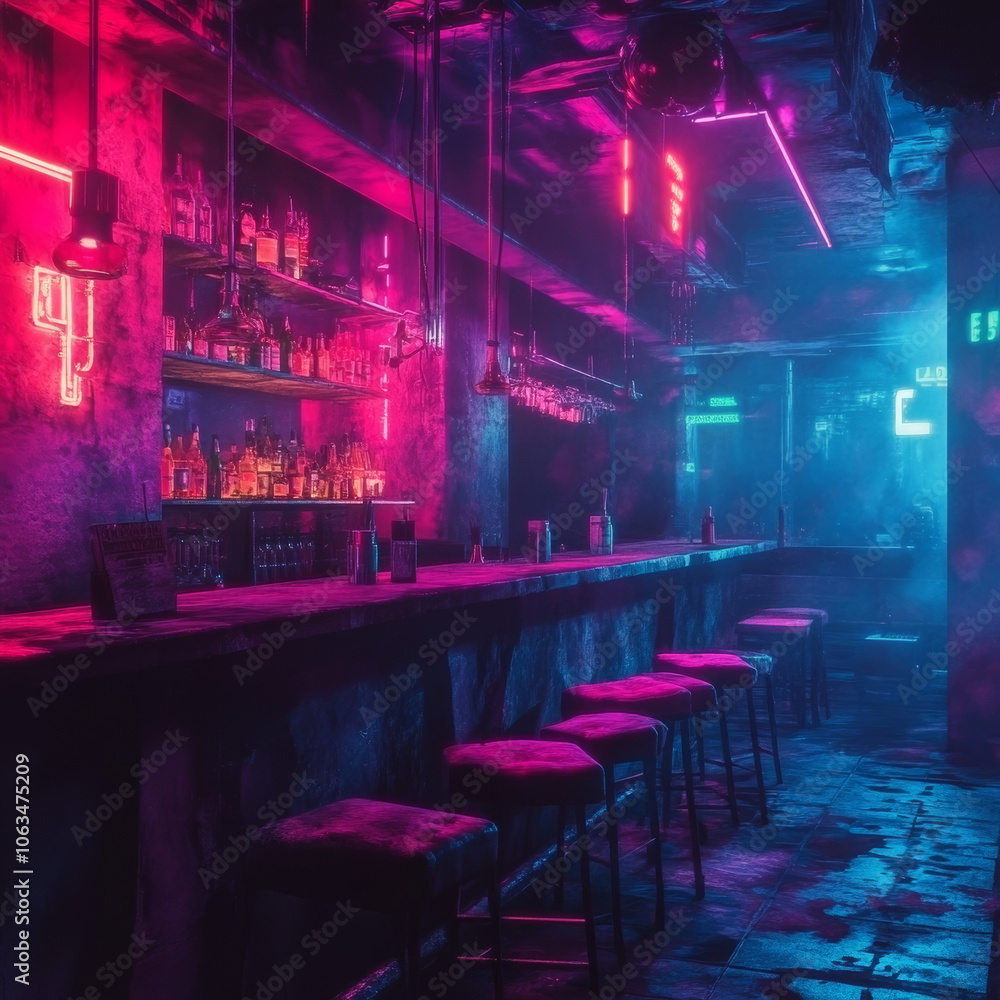 Step into a neon cyberpunk bar where digital decay meets glitchy ...