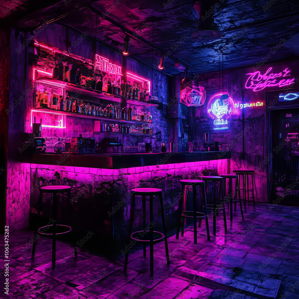 Step into a neon cyberpunk bar where digital decay meets glitchy ...