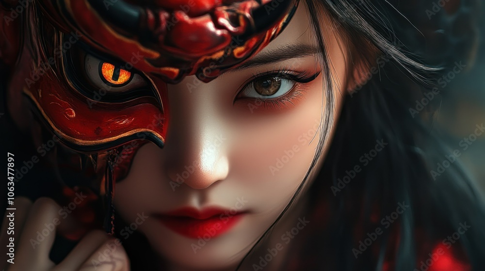 Girl young face character devil oni mask theme mask horror background ...