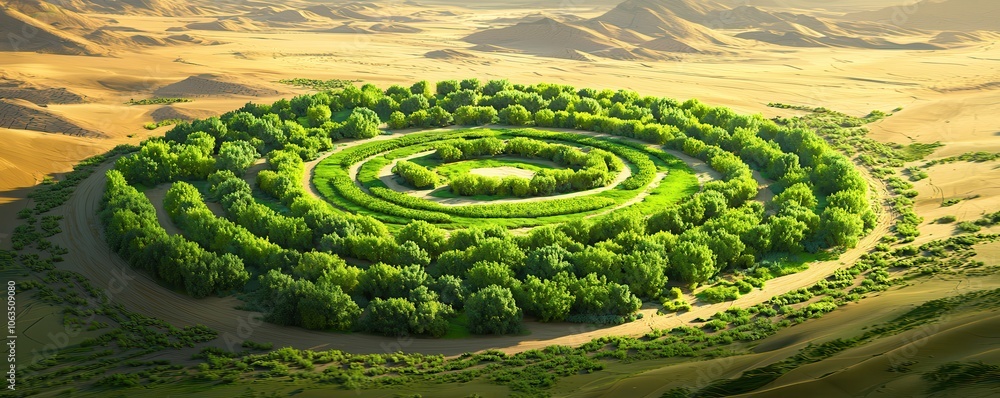 Foto de Stock Desert Oasis: Aerial view of a circular oasis in the ...