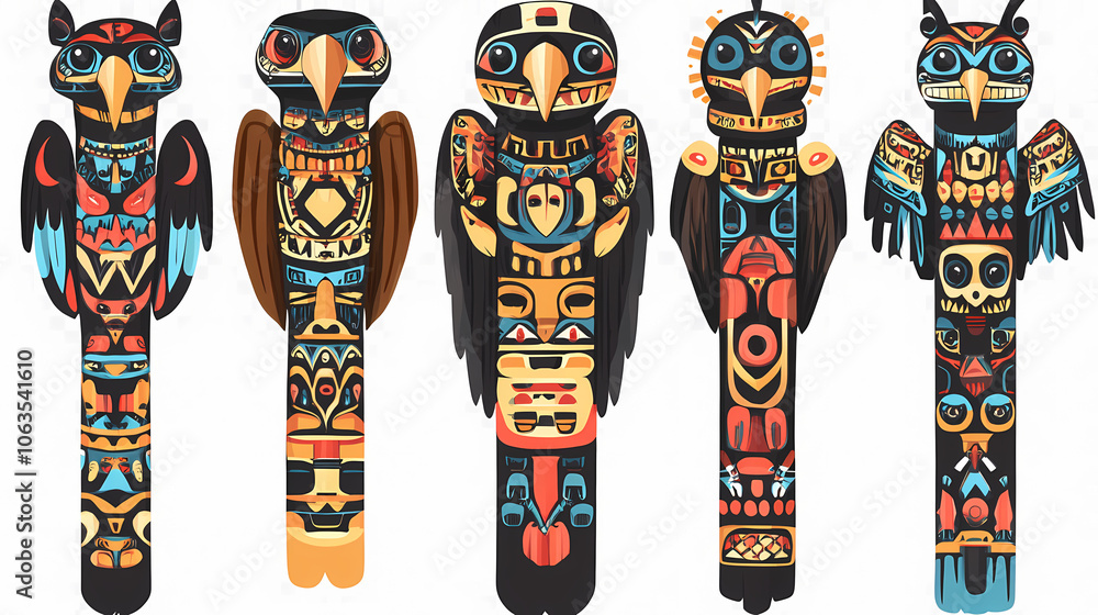 Colorful hand-carved totem poles of indigenous art isolated on ...