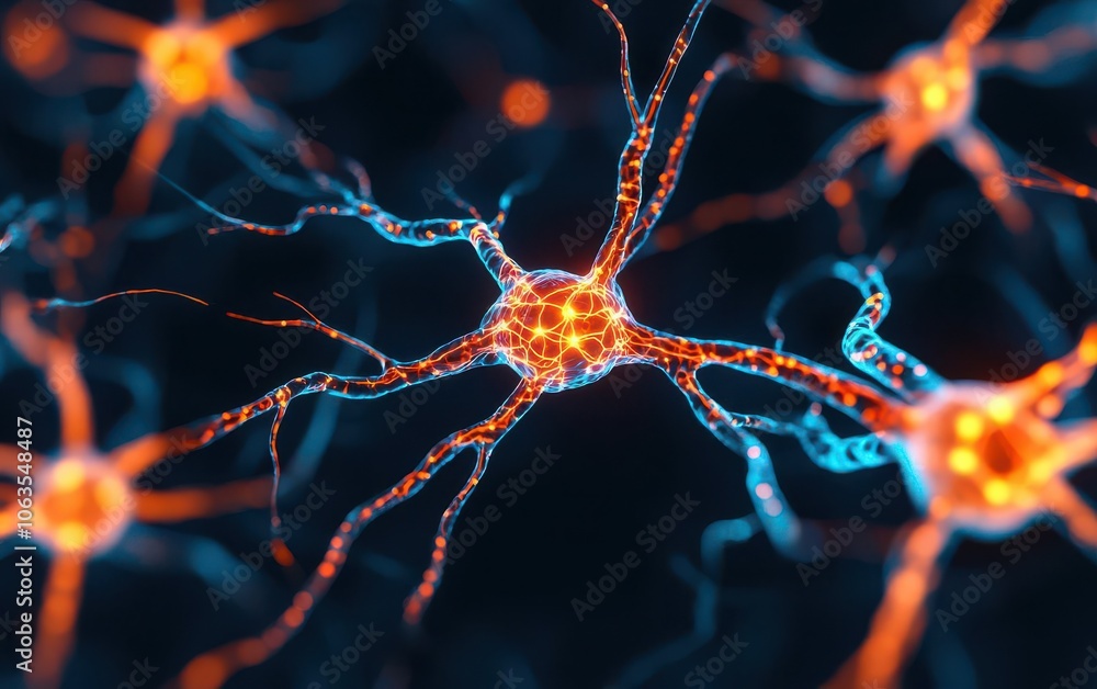 Microscopic view of nerve fibers, glowing synaptic connections, neural communication, microscope ...