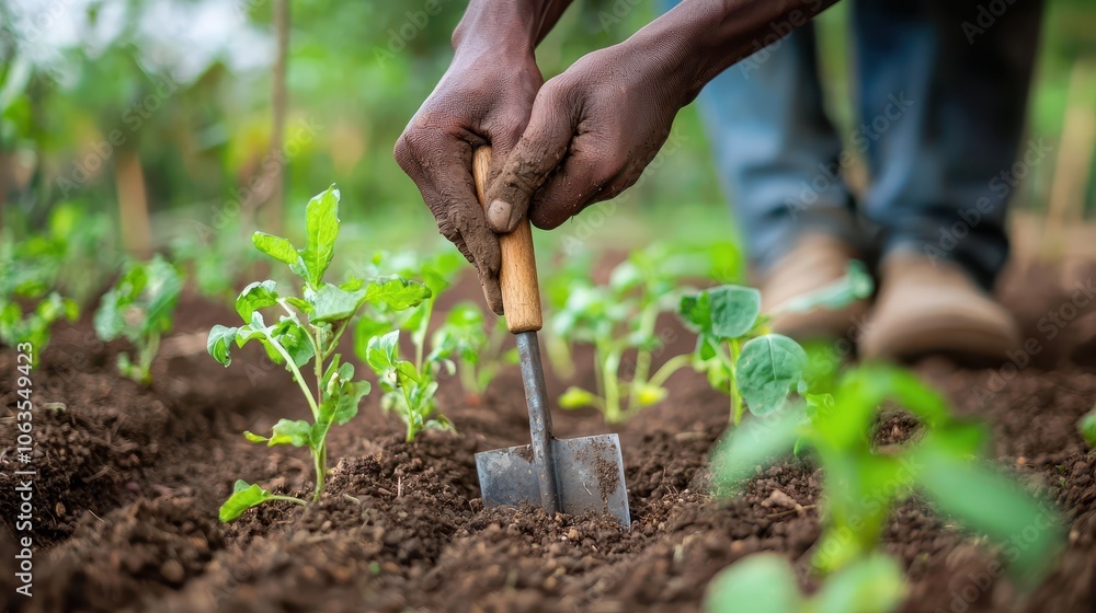 Farmer using hand tools to till a small organic garden plot, [crops ...