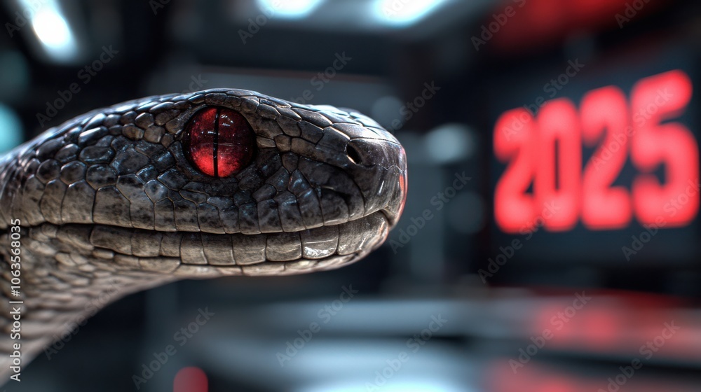 A giant snake, with piercing red eyes, gazes at a glowing "2025" sign ...