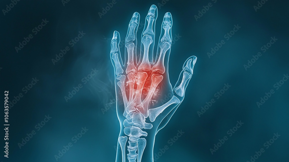 Hand with Broken Bones in Transparent Overlay X-ray-like graphic of a ...