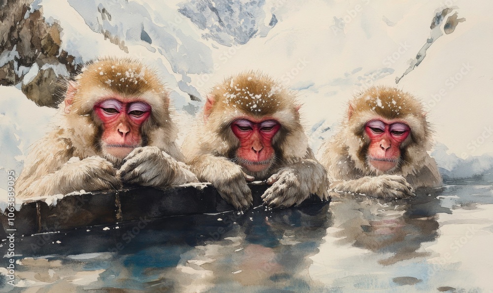 Watercolor Relaxing Snow Monkeys bathe in Hot Springs, Jigokudani ...