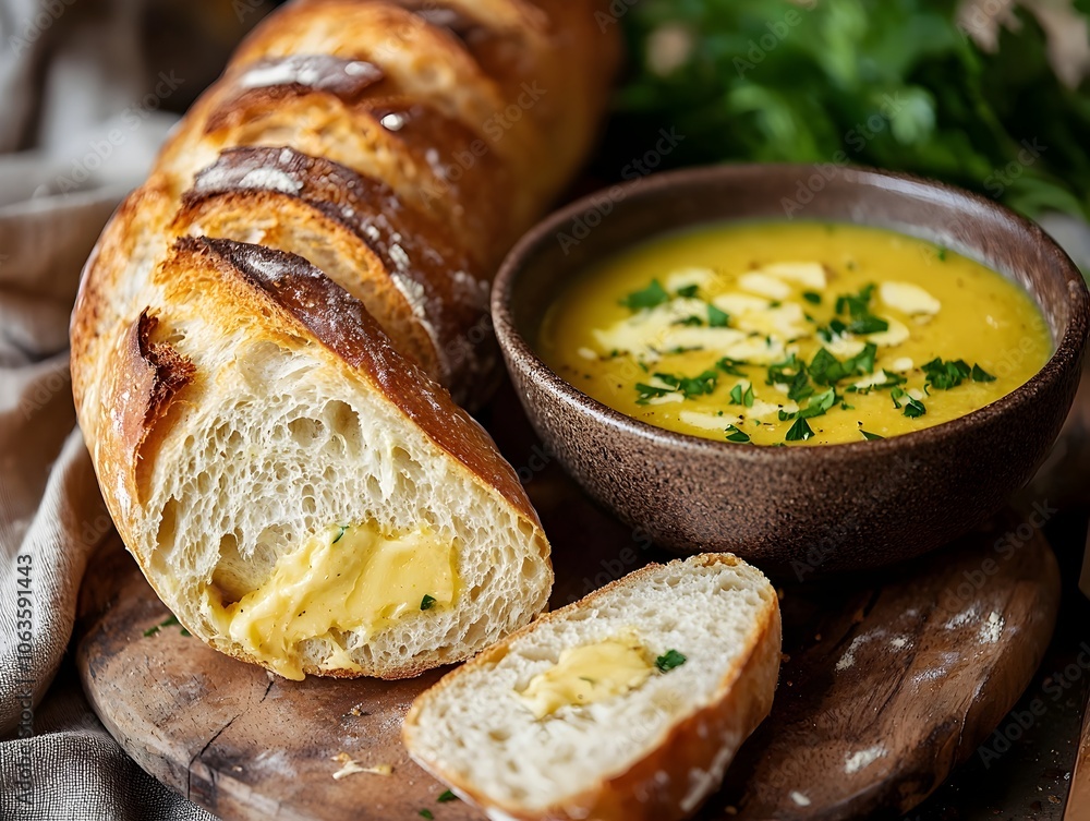 Buttery Baguette with Garlic Butter and Comforting Soup a Cozy Culinary ...