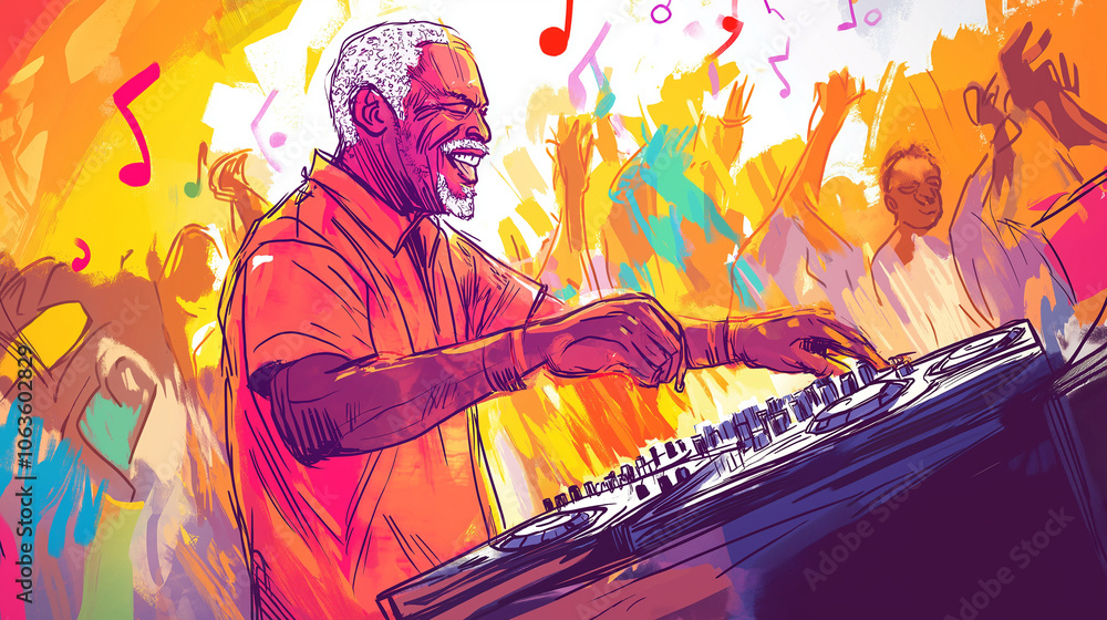 a senior Black man DJing at an outdoor event, surrounded by people ...