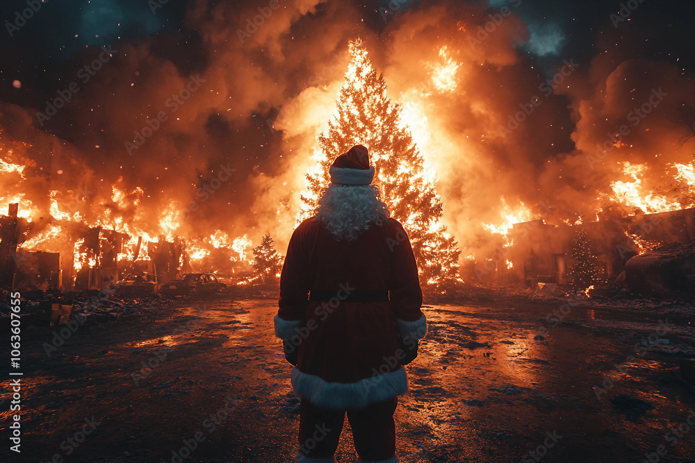 Generative AI image of horror-themed Santa Claus beyond burning fmale ...