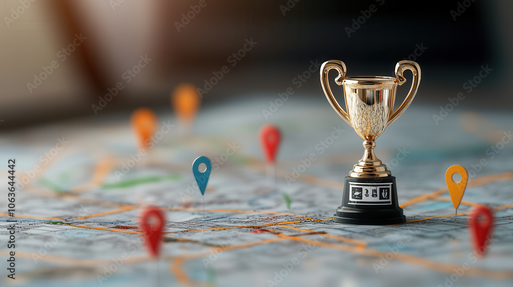 trophy shaped 3D map marker stands prominently on detailed map ...