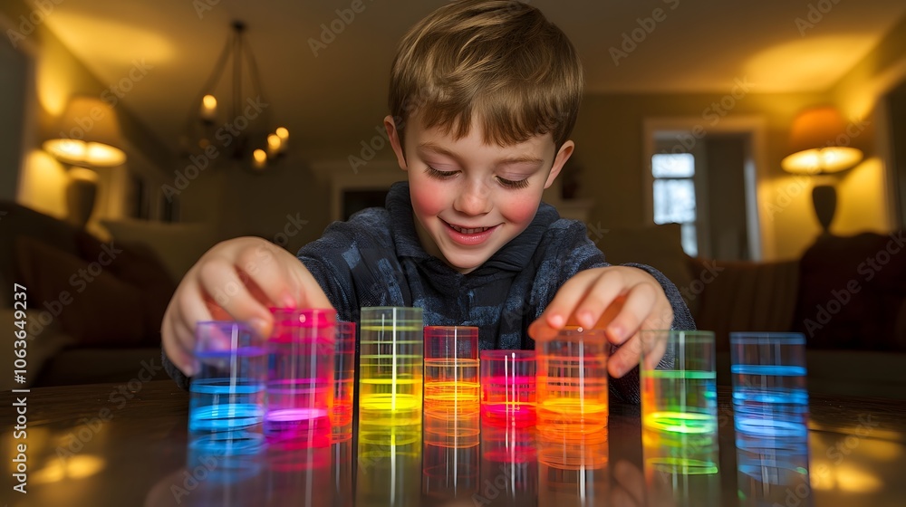 Candid photo of a child doing a science experiment with 2D instructions ...