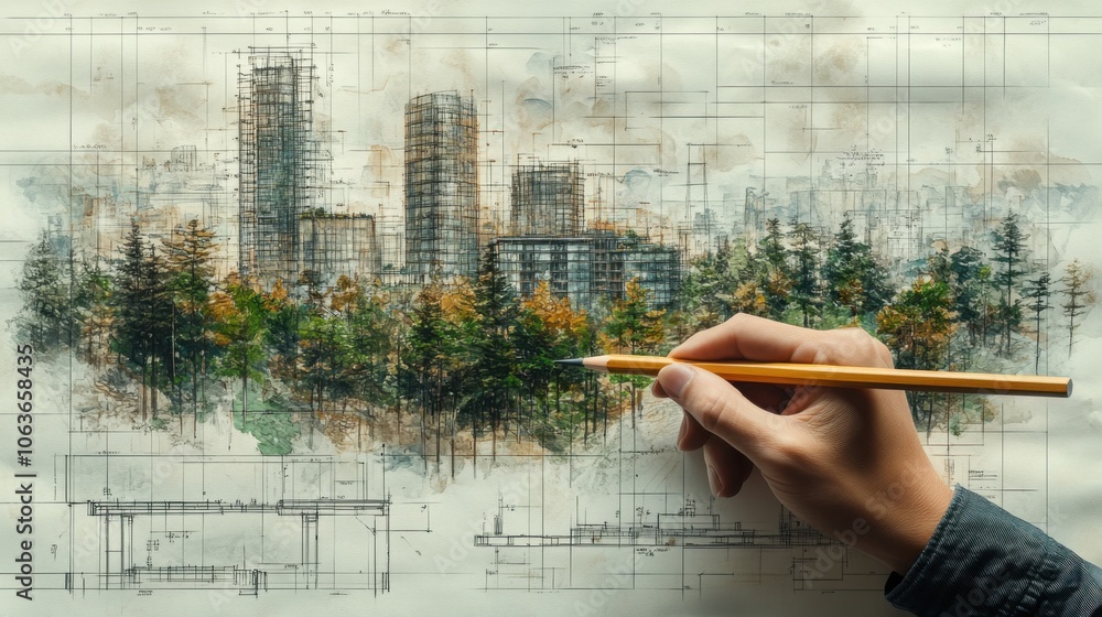 Hand holding pencil drawing green building and forest full of trees ...