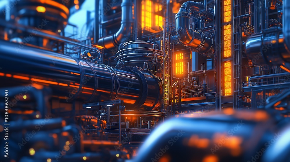 High-tech fuel refinery plant, complex pipelines, modern industrial ...