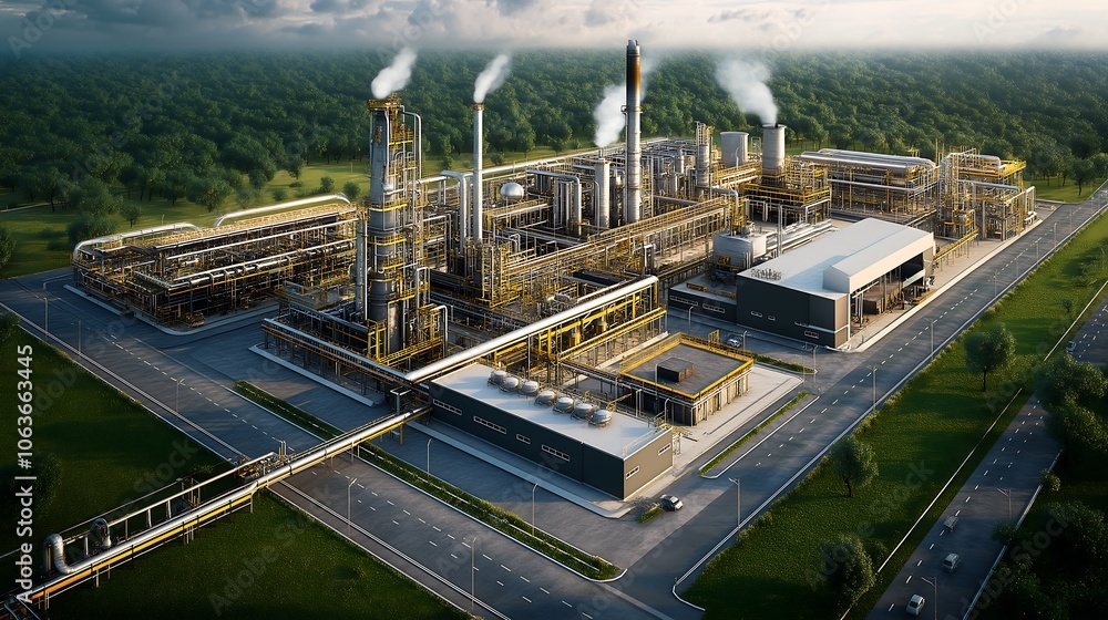 High-tech fuel refinery plant, complex pipelines, modern industrial ...