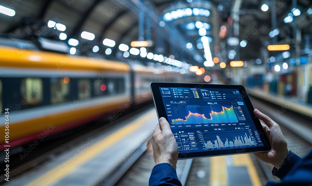 Person holding tablet displaying stock market data at a train station ...